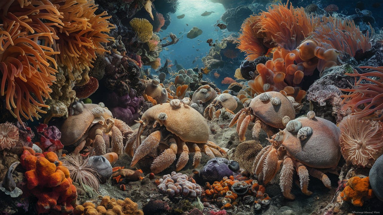 Symbiotic Reef Relationship Between Hermit Crabs and Snails